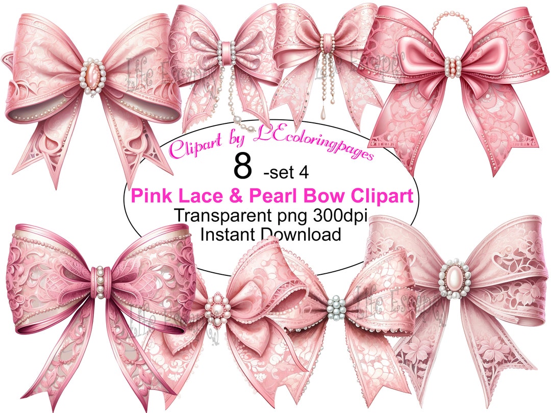 Pink Lace and Pearl Bow Clipart Set, Digital Download, Transparent PNG ...