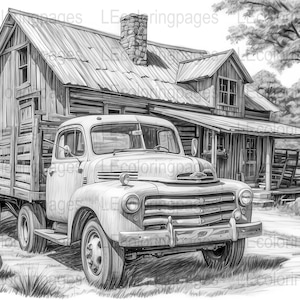 Vintage Truck Grayscale Coloring Page, Printable Adult Stress Relief ...