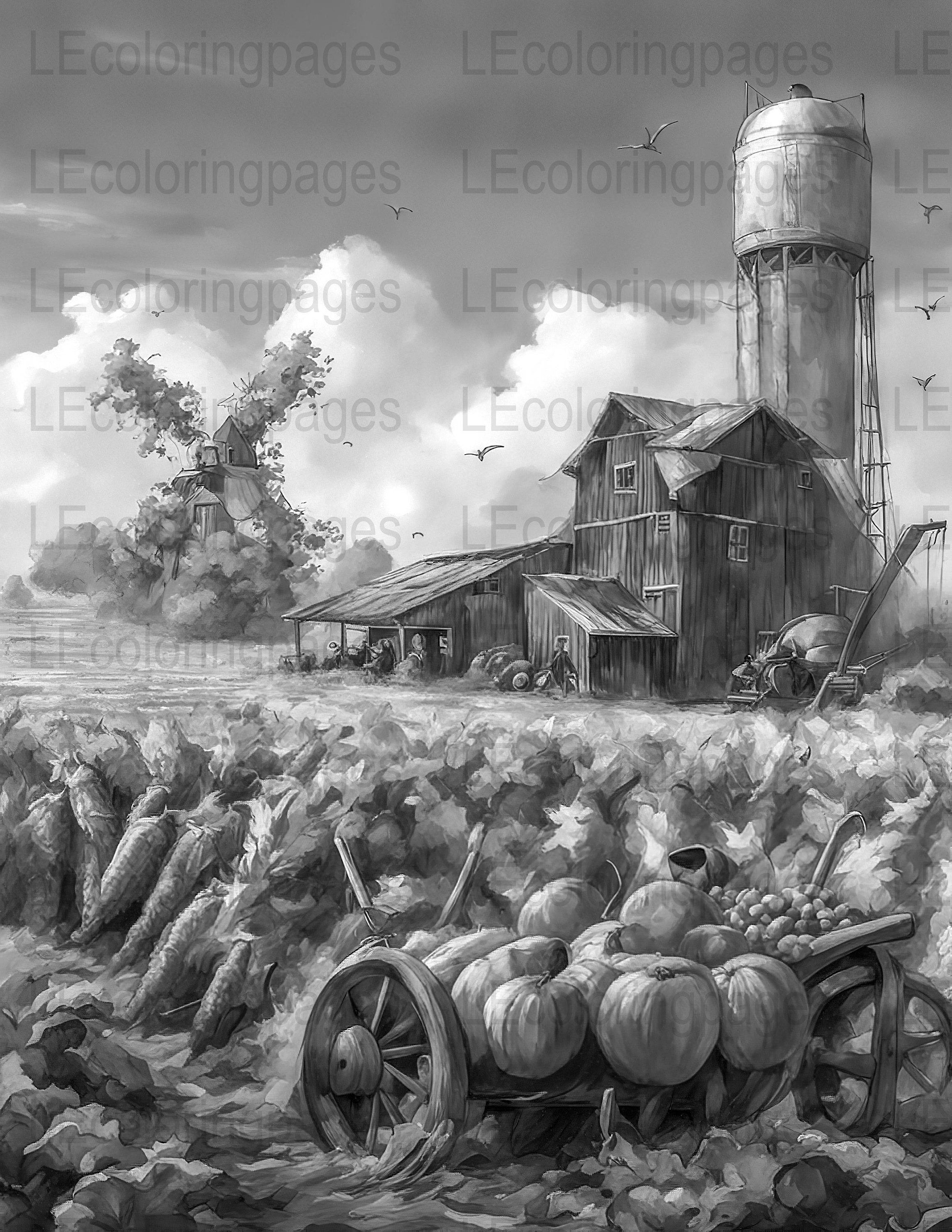Farm Country Coloring Page for Adults, Rustic Barn Scene, Grayscale ...