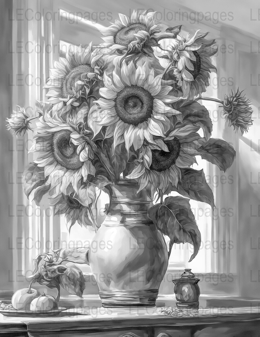 Sunflowers Grayscale Coloring Page for Adults 66 Instant Download ...