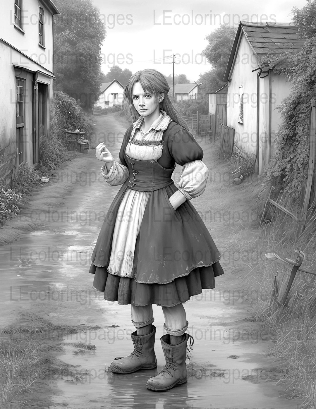 Grayscale Adult Coloring Page, Rustic Country Scene, Relaxing ...