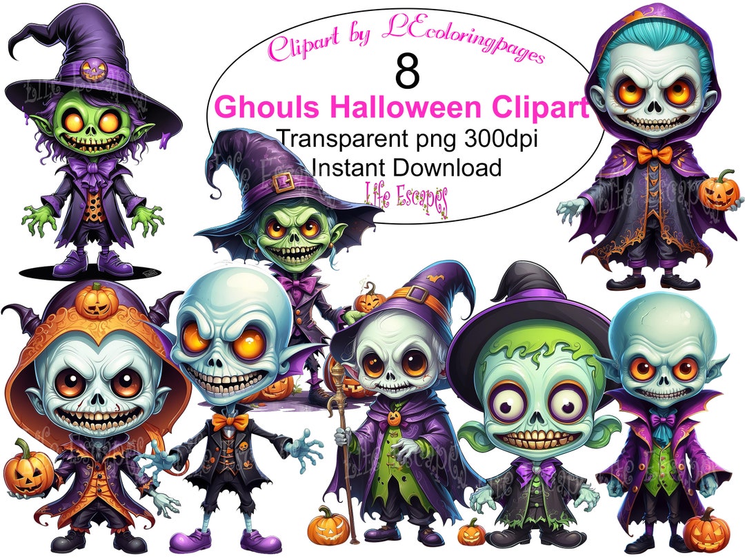 Halloween Ghouls Clipart Set, Digital Download, 8 PNG Transparent ...