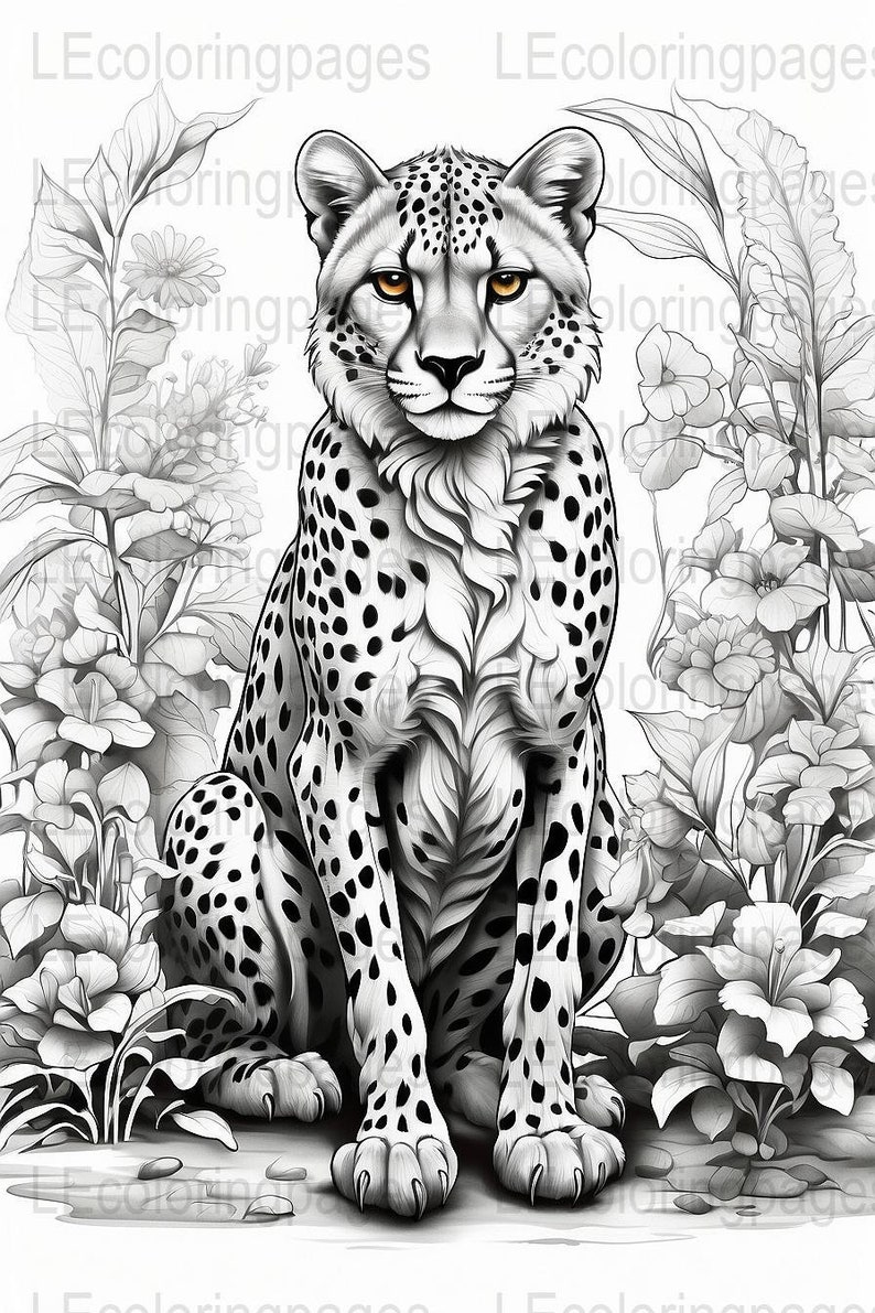 Grayscale Cheetah Adult Coloring Page, Printable Jungle Animal ...