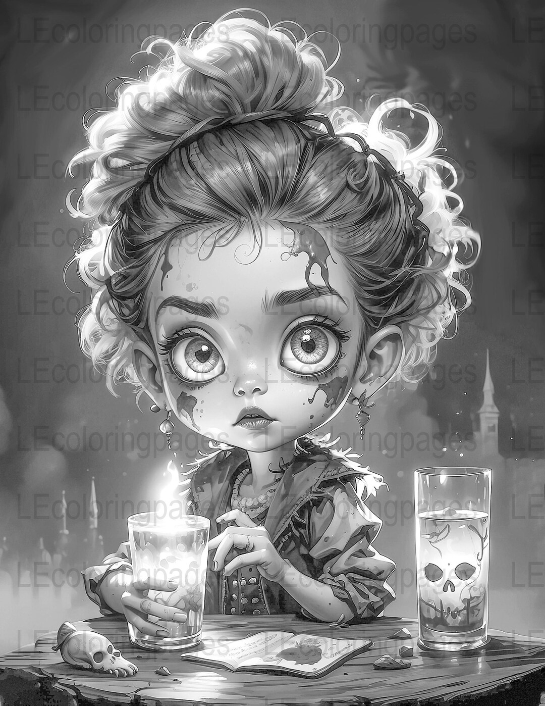 Gothic Fantasy Grayscale Coloring Page for Adults, Dark Whimsical ...