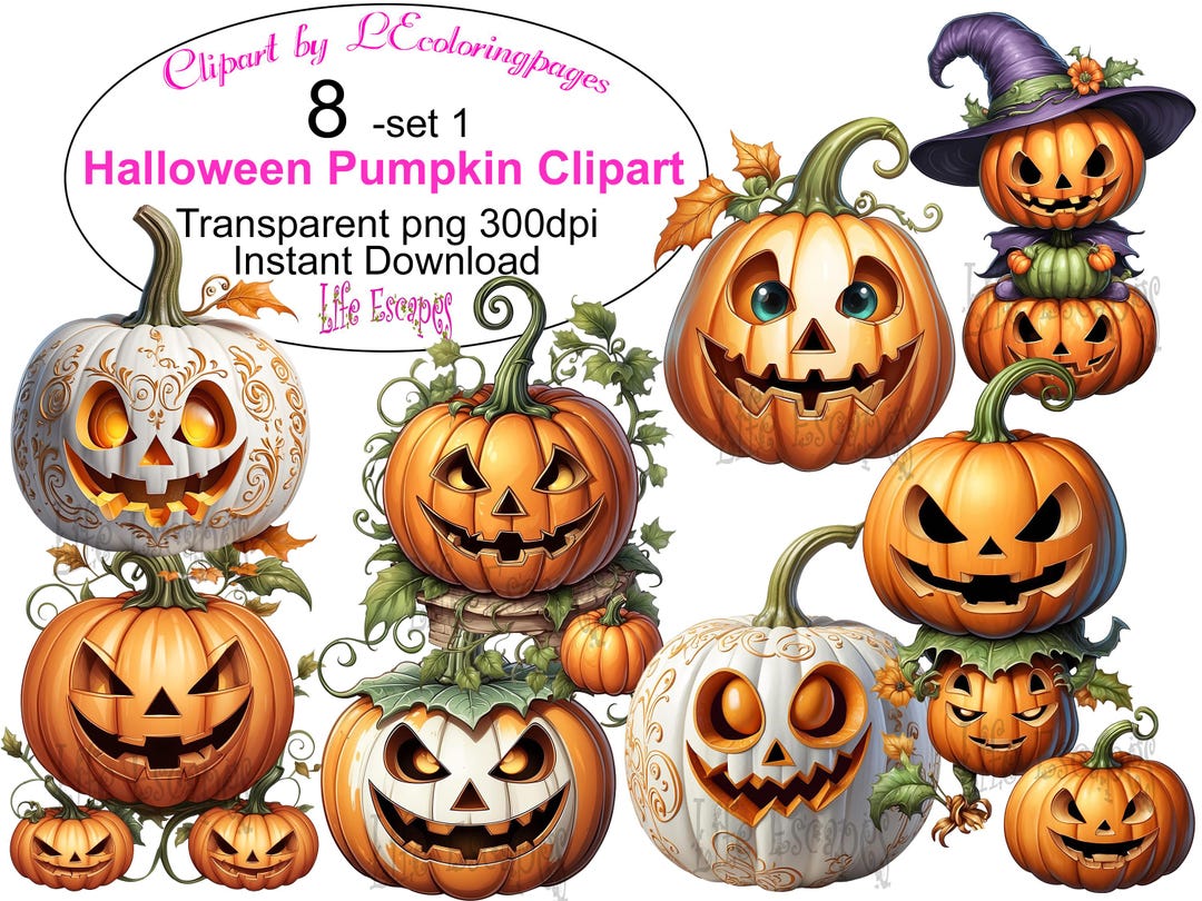 Halloween Pumpkin Clipart Set, Commercial Use and POD Use, Transparent ...