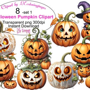 Halloween Pumpkin Clipart Set, Commercial Use and POD Use, Transparent ...