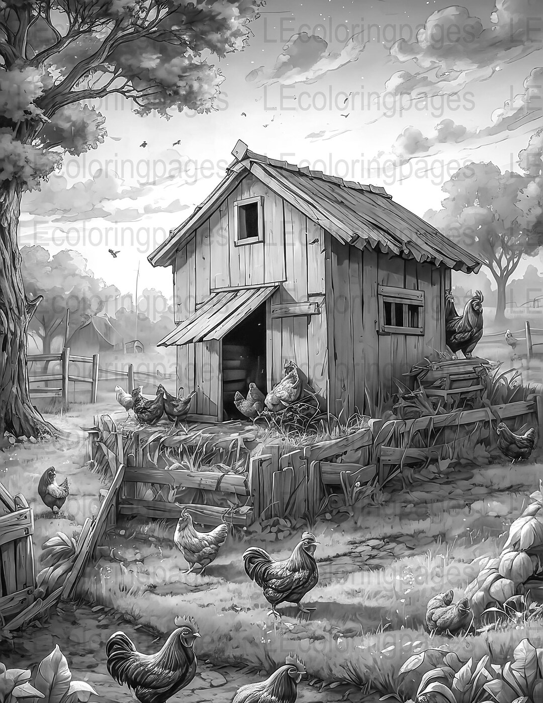 Grayscale Farmhouse Chickens Adult Coloring Page, Printable Country ...