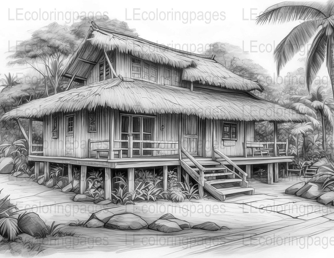 Grayscale Tropical Cabin Coloring Page, Relaxing Adult Activity ...