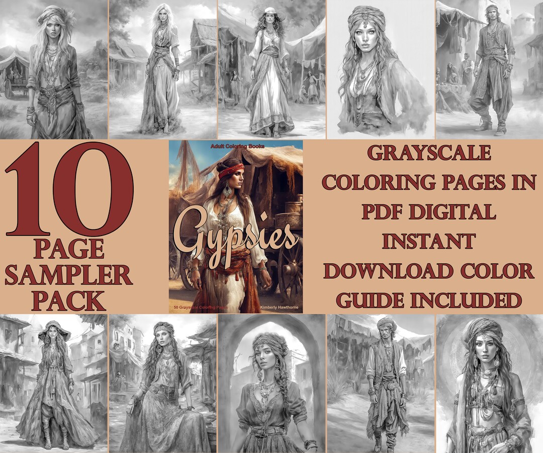 Gypsies, 10 Grayscale Coloring Pages, Instant Download PDF Digital Art ... Gypsies, 10 Grayscale Coloring Pages, Instant Download PDF Digital Art ...