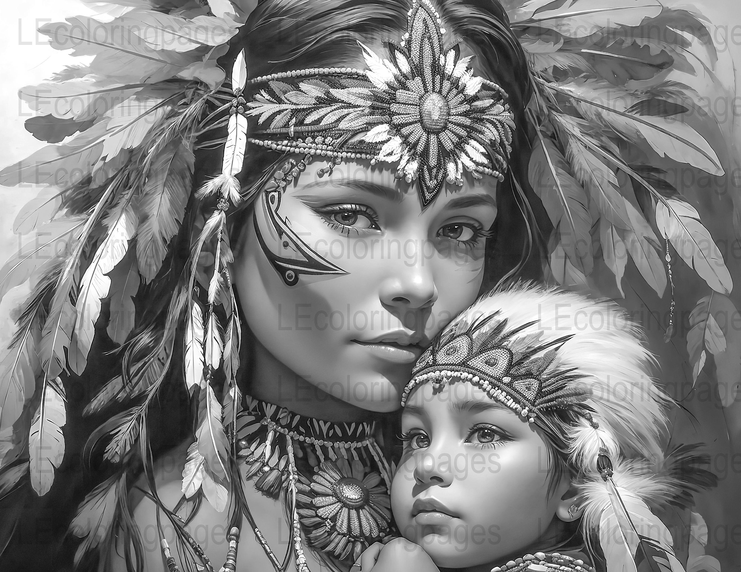 Native American Indians Grayscale Coloring Page for Adults 46 Instant ...