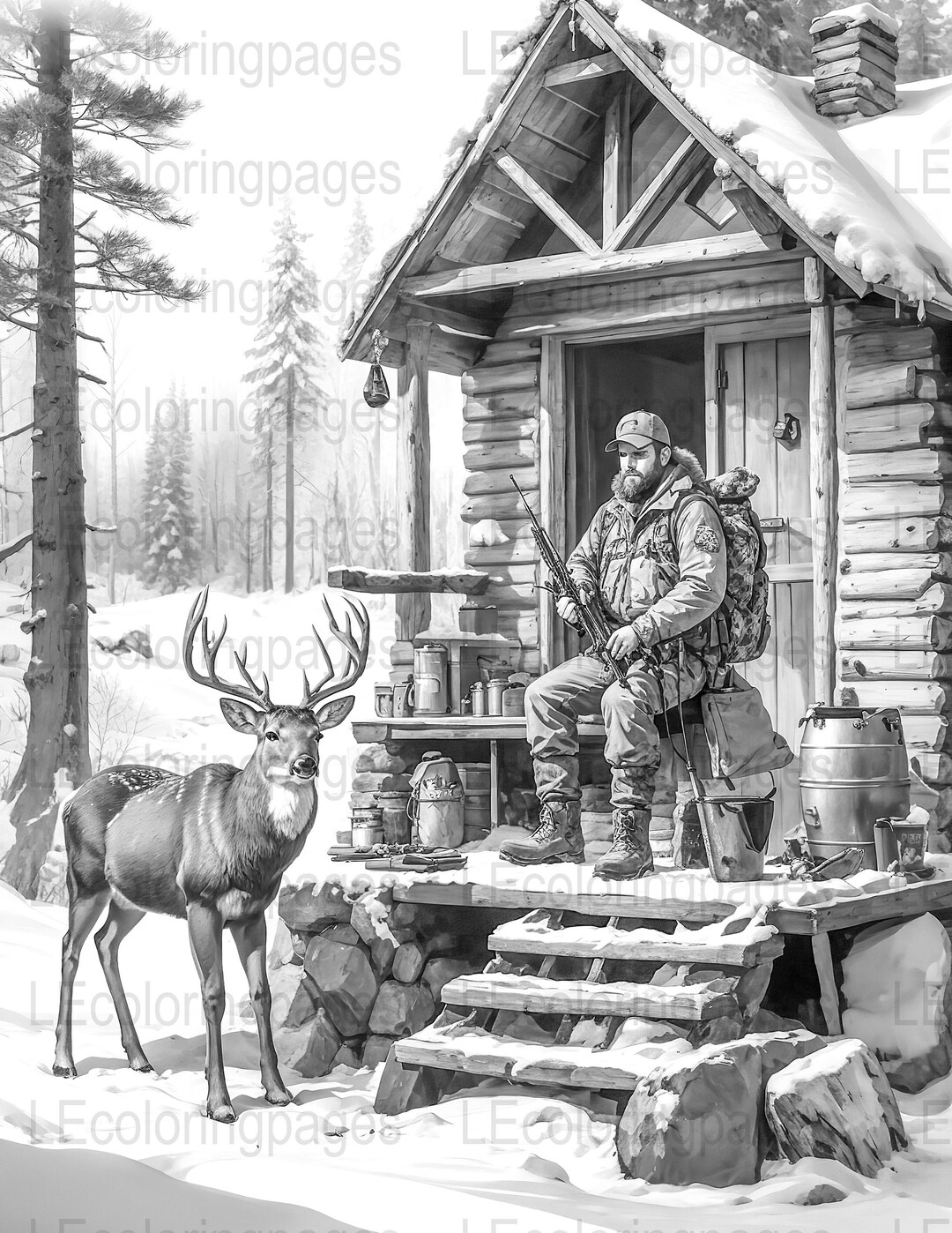 Hunting Cabin Grayscale Coloring Page for Adults #100 - Instant ...