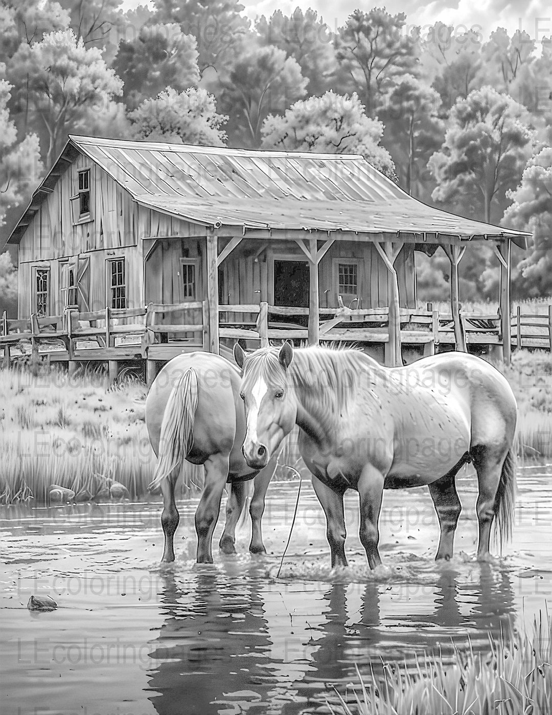Farmhouse Horses Grayscale Coloring Page for Adults (digital Download ...