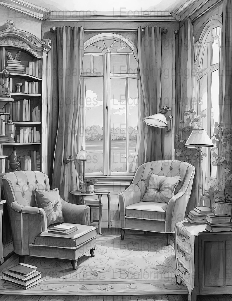 Printable Grayscale Coloring Page for Adults, Cozy Living Room Interior ...