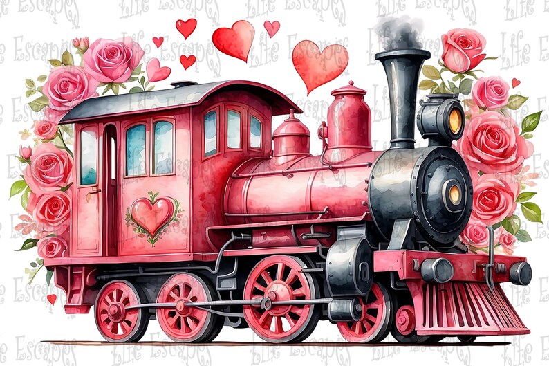 Watercolor Valentine Train Clipart, Romantic Locomotive Set, Digital ...