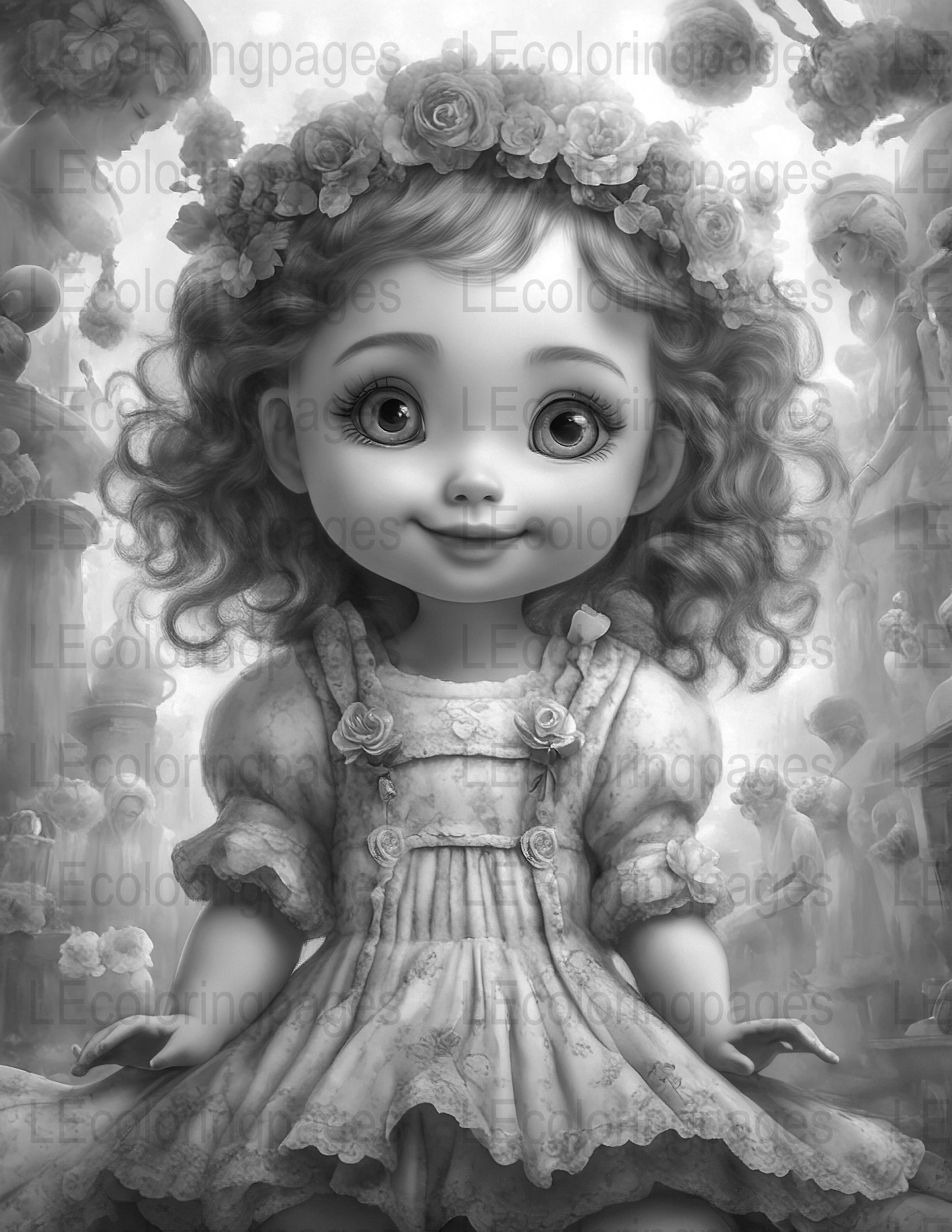 Grayscale Adult Coloring Page, Enchanted Porcelain Doll Design, Vintage ...