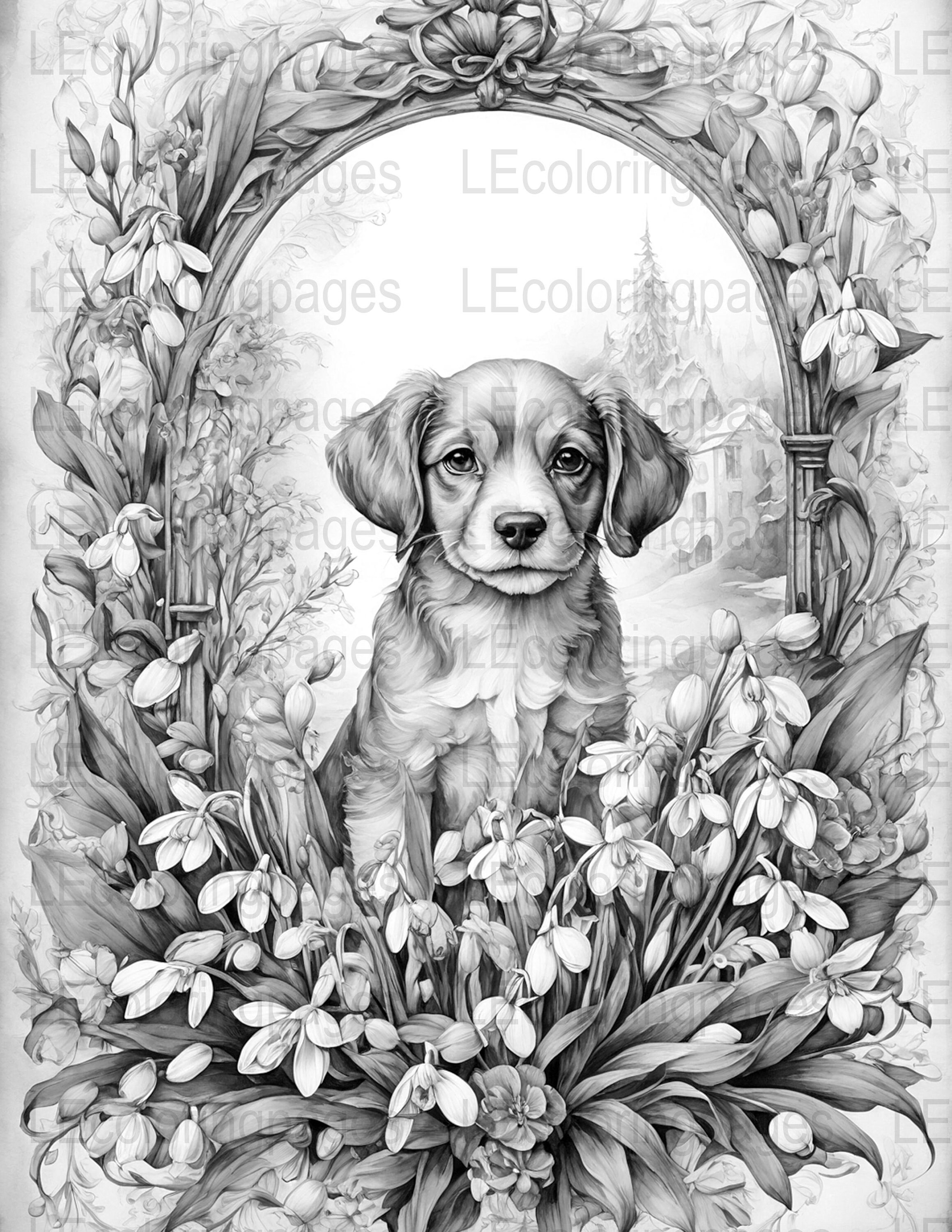 Grayscale Puppy Coloring Page for Adults, Printable Dog Drawing, Stress ...