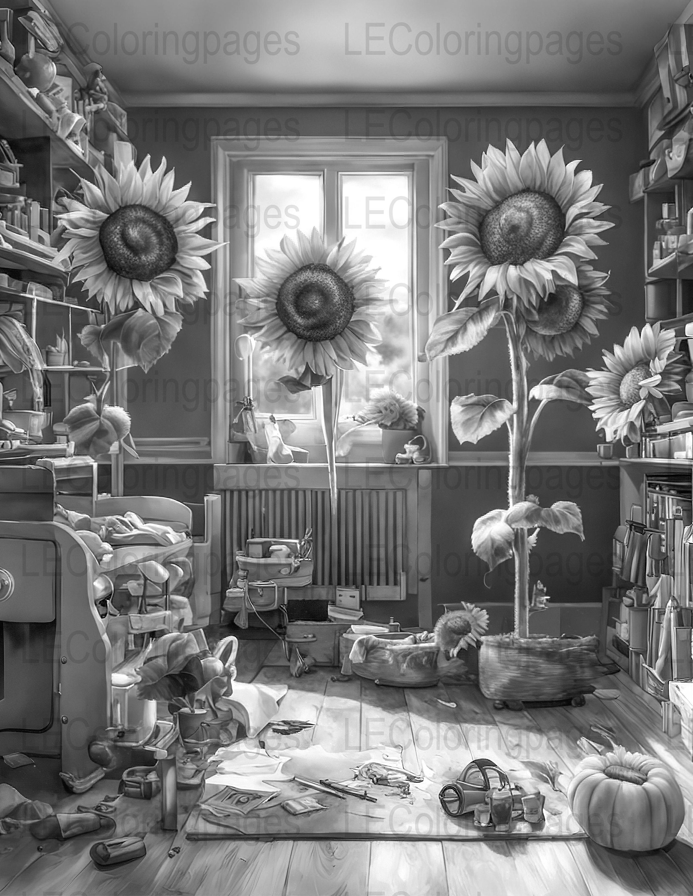 Sunflowers Grayscale Coloring Page for Adults 100 Instant - Etsy