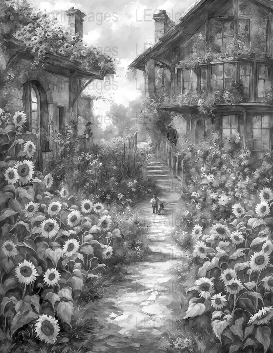 Sunflowers Grayscale Coloring Page for Adults #50 Instant Download ...