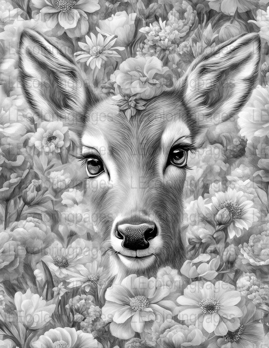 Printable Adult Coloring Page, Grayscale Deer in Floral Garden ...