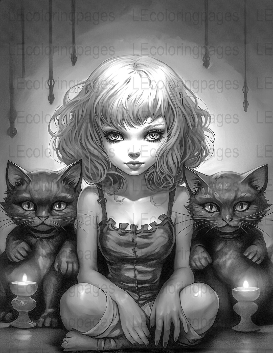 Gothic Cat Girl Grayscale Coloring Page for Adults 84 Instant Download ...