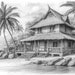 Tropical Beach House Coloring Page for Adults, Printable Grayscale ...