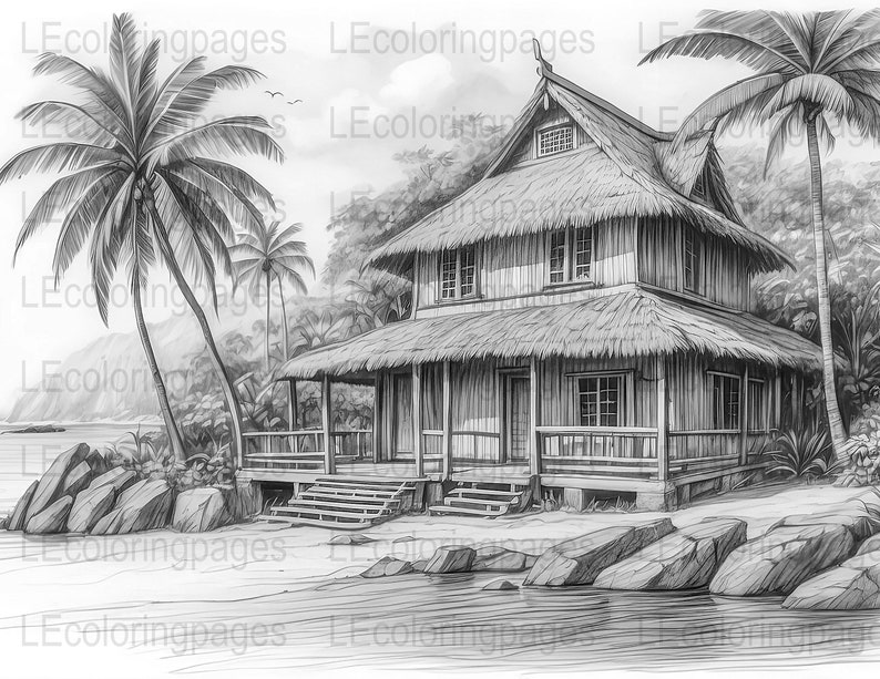 Tropical Beach House Coloring Page for Adults, Printable Grayscale ...