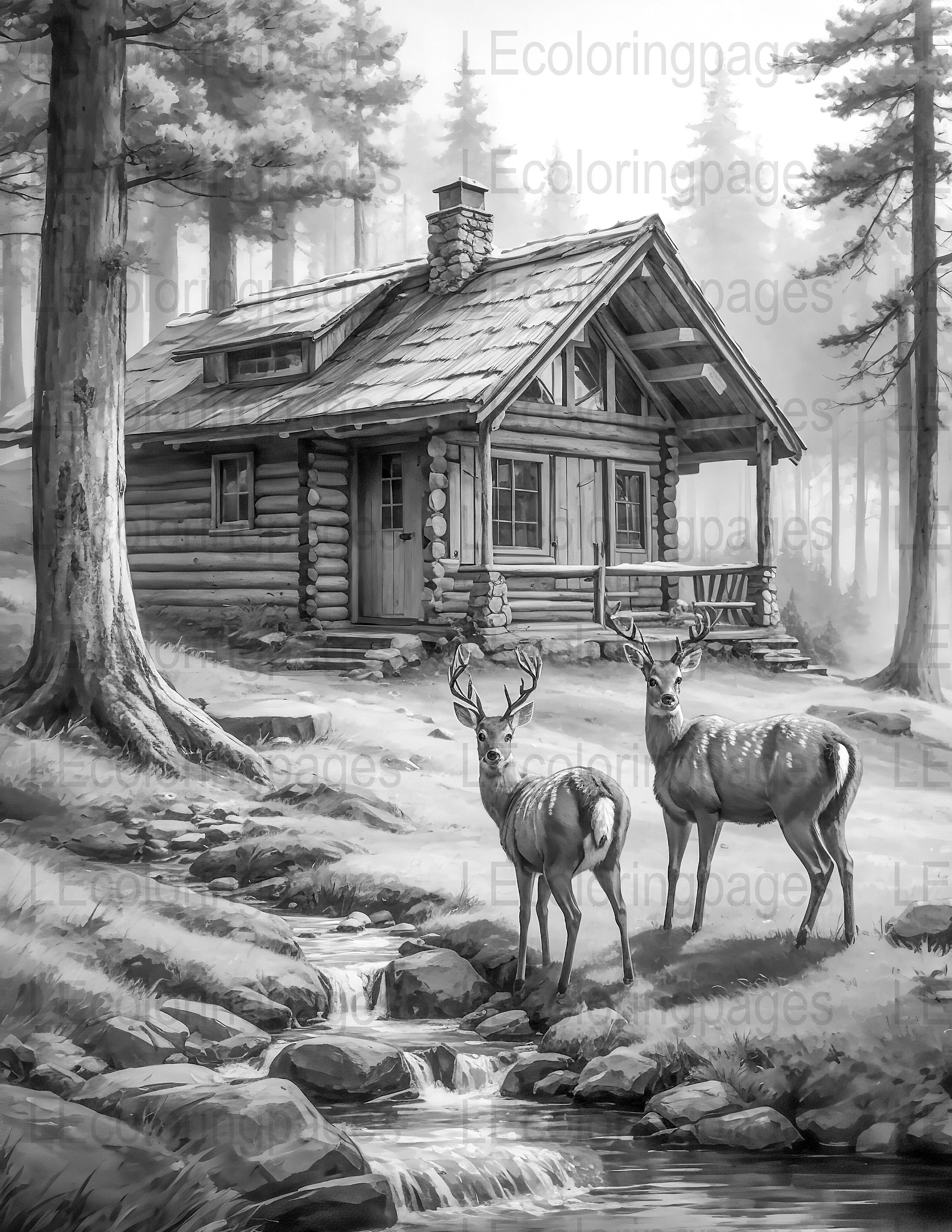 Hunting Cabin Grayscale Coloring Page for Adults 40 Instant Download ...