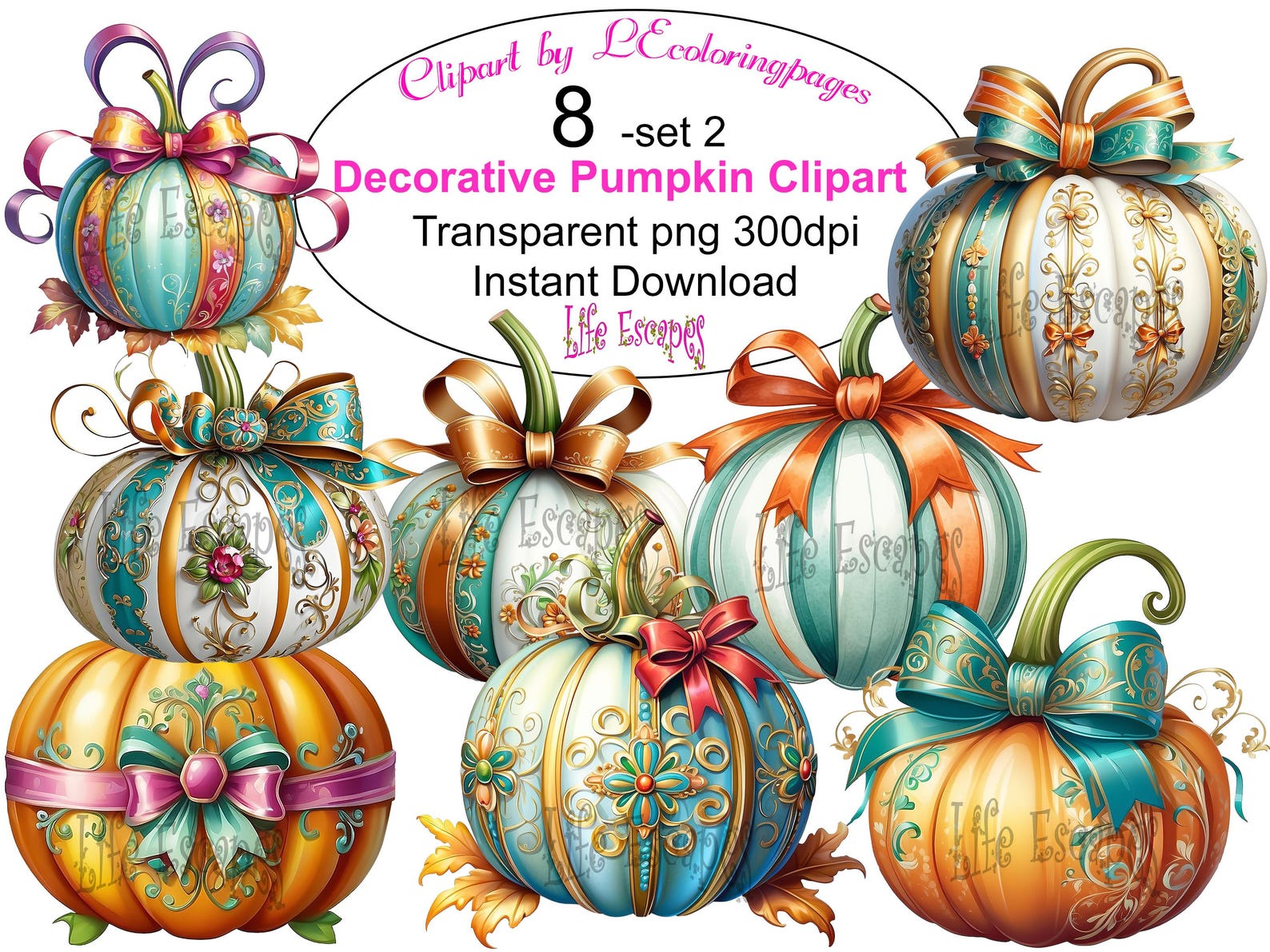 Decorative Pumpkin Clipart Pack, Instant Download, 300dpi Transparent ...