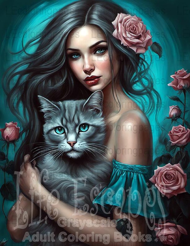 Gothic Cat Girl Grayscale Coloring Page for Adults 32 - Etsy