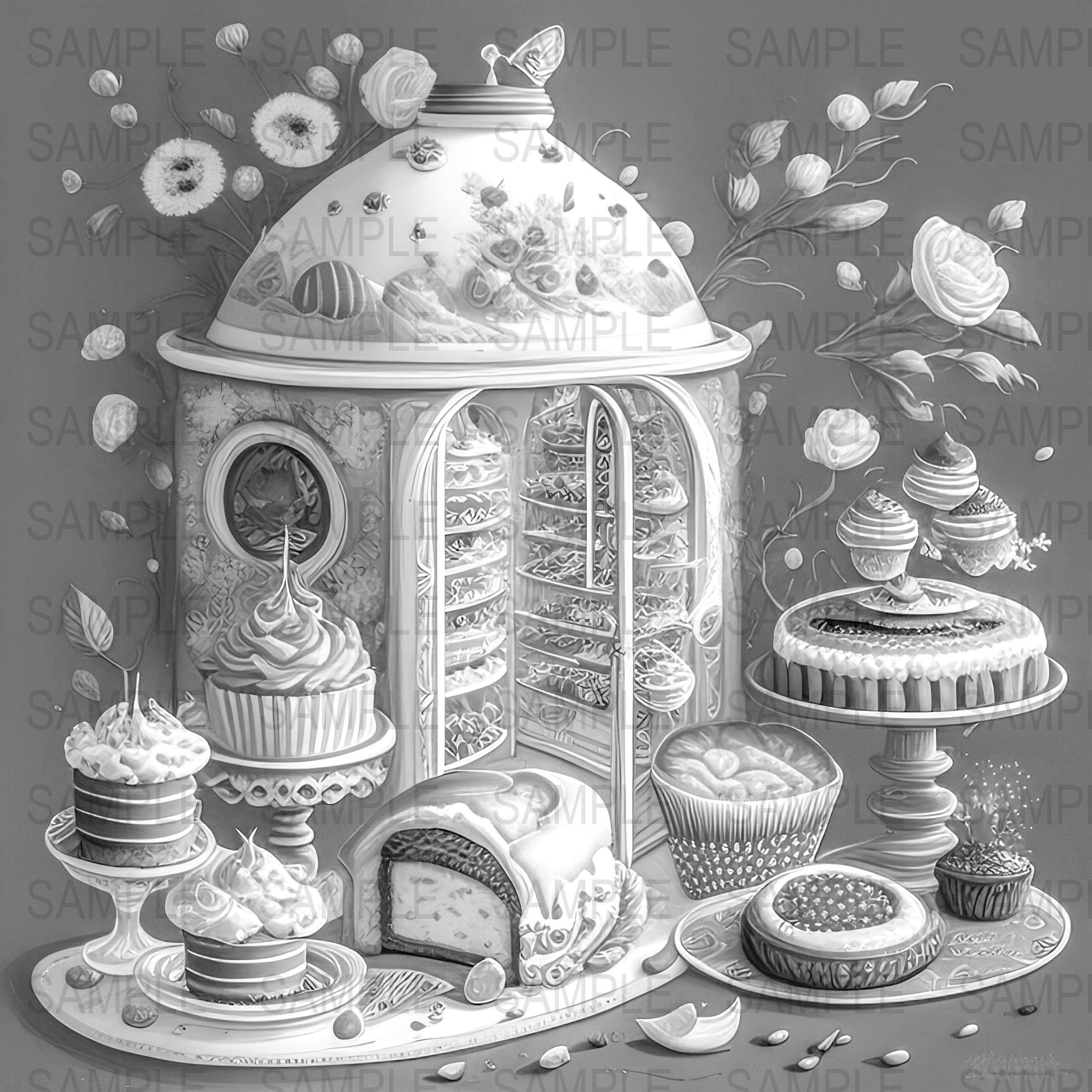 Printable Adult Coloring Page, 3D Whimsical Bakery - 8x8" Printable ...