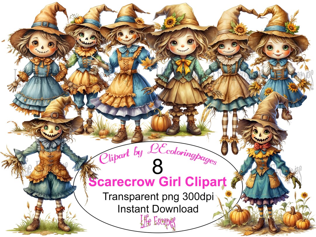 Printable Cute Scarecrow Girls Clipart Set - Set #1, PNG, Commercial ...