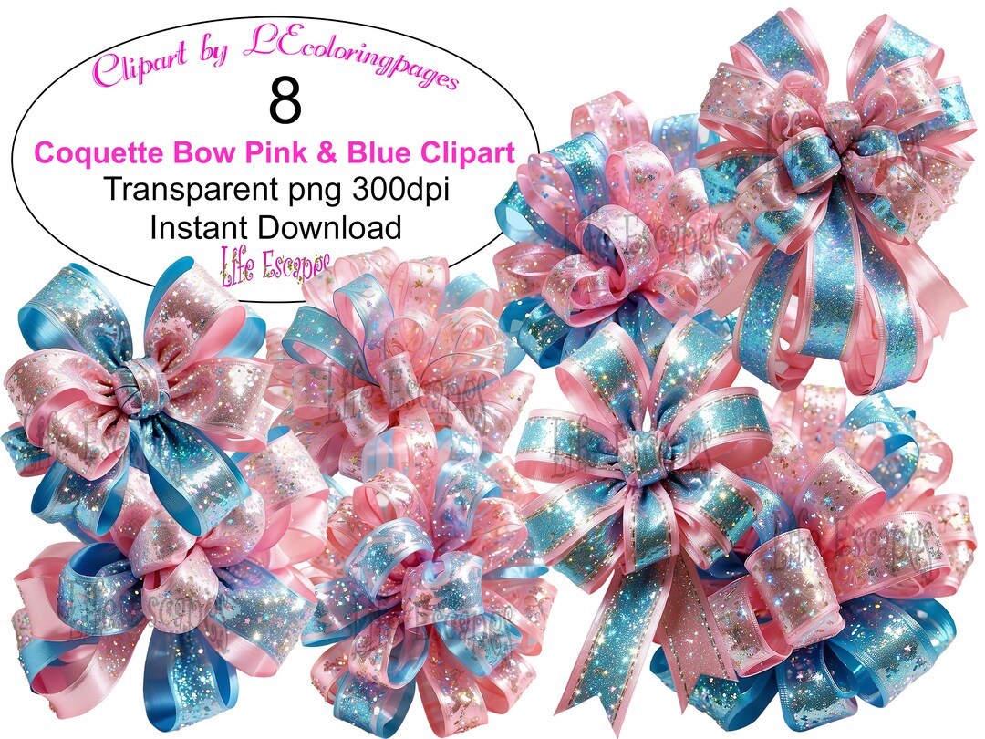 Coquette Bow Clipart, Pink and Blue Ribbon Graphics, Commercial Use ...