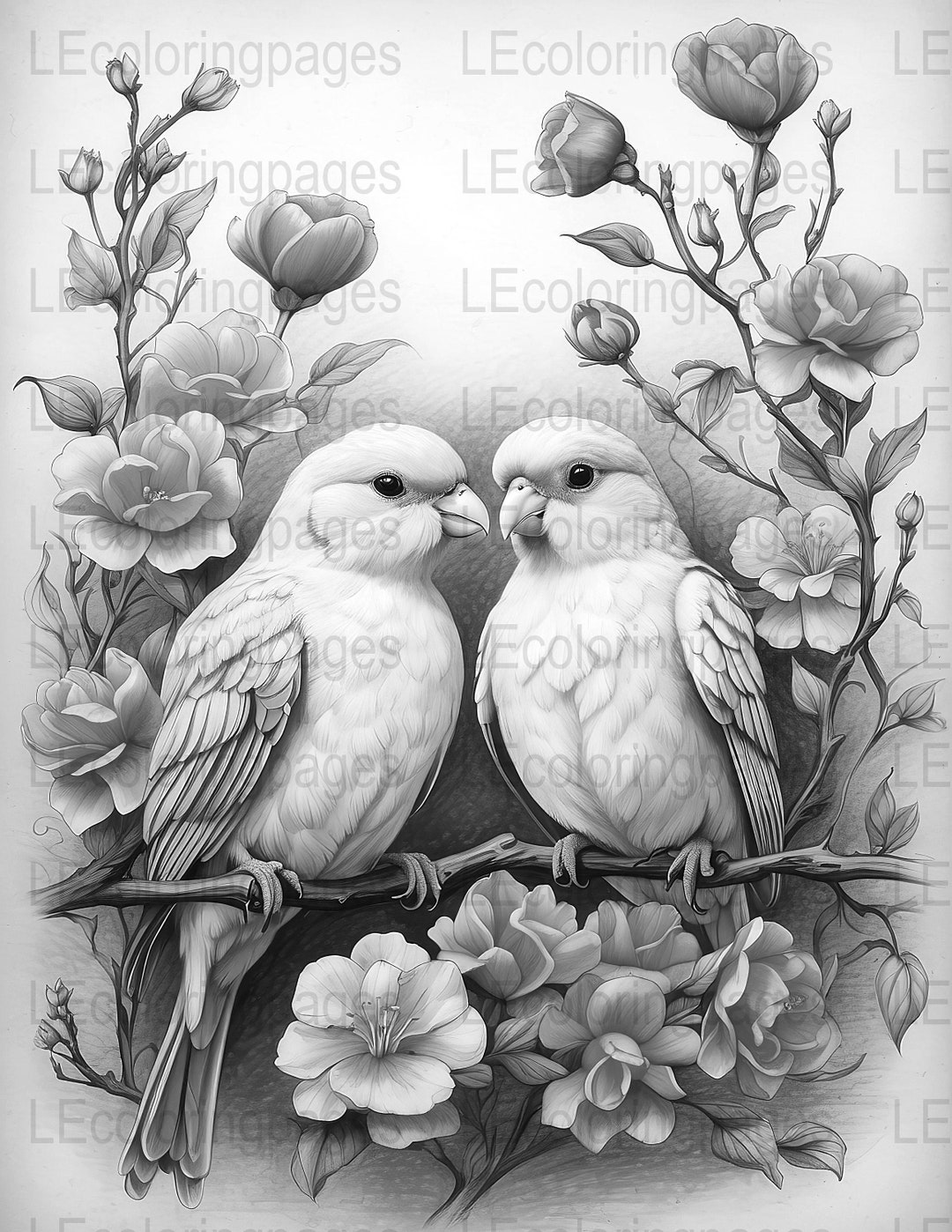 Grayscale Birds Adult Coloring Page, Printable Intricate Floral Design ...