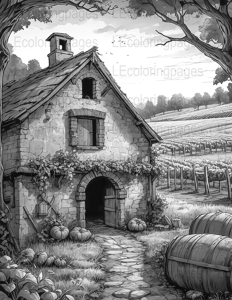 Rustic Countryside House Grayscale Coloring Page, Adult Relaxation ...