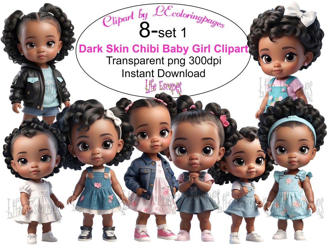 Chibi Baby Girl Clipart, Dark Skin Characters, Cute Kids Digital Art, 8 ...