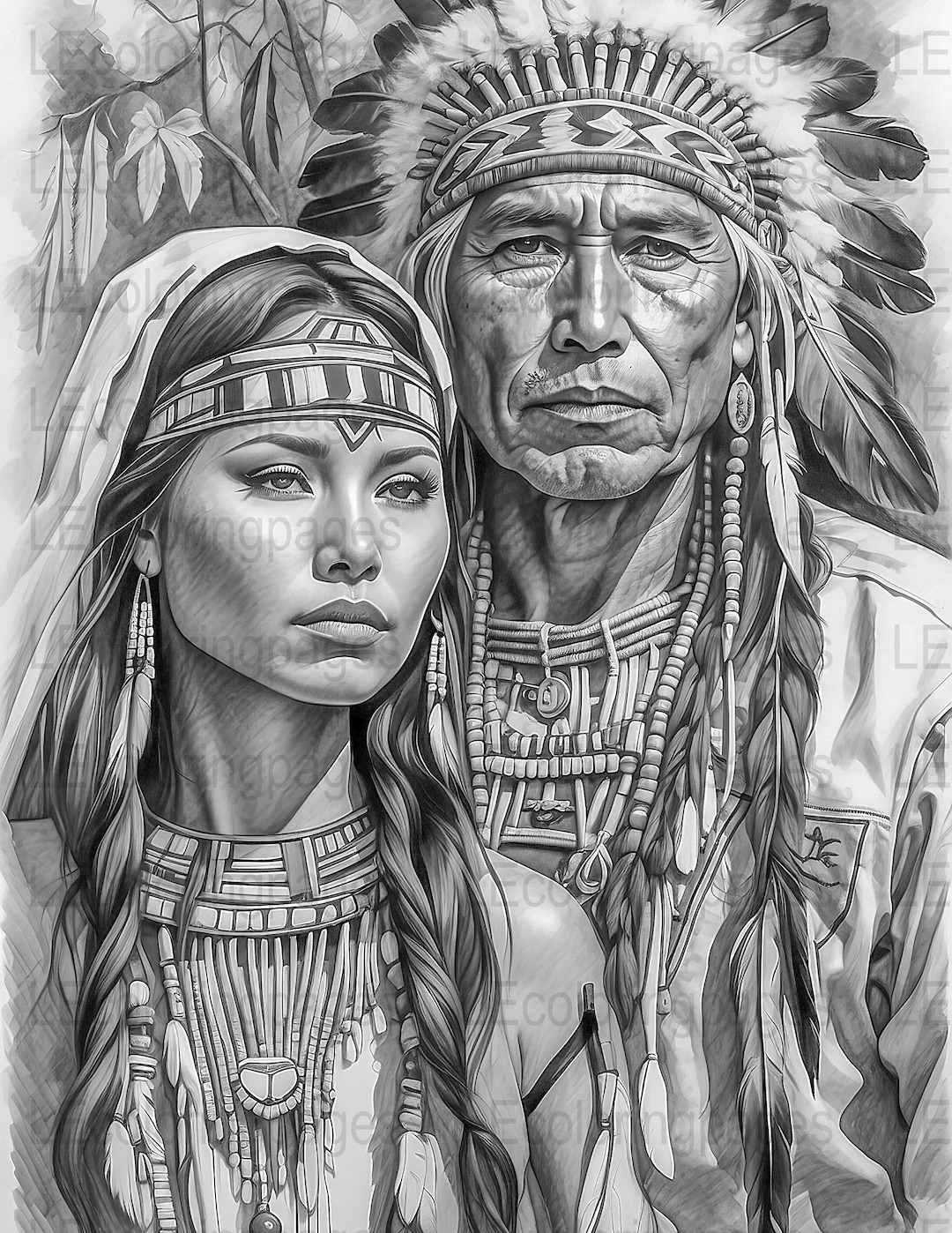 Native American Grayscale Coloring Pages for Adults (printable Instant ...