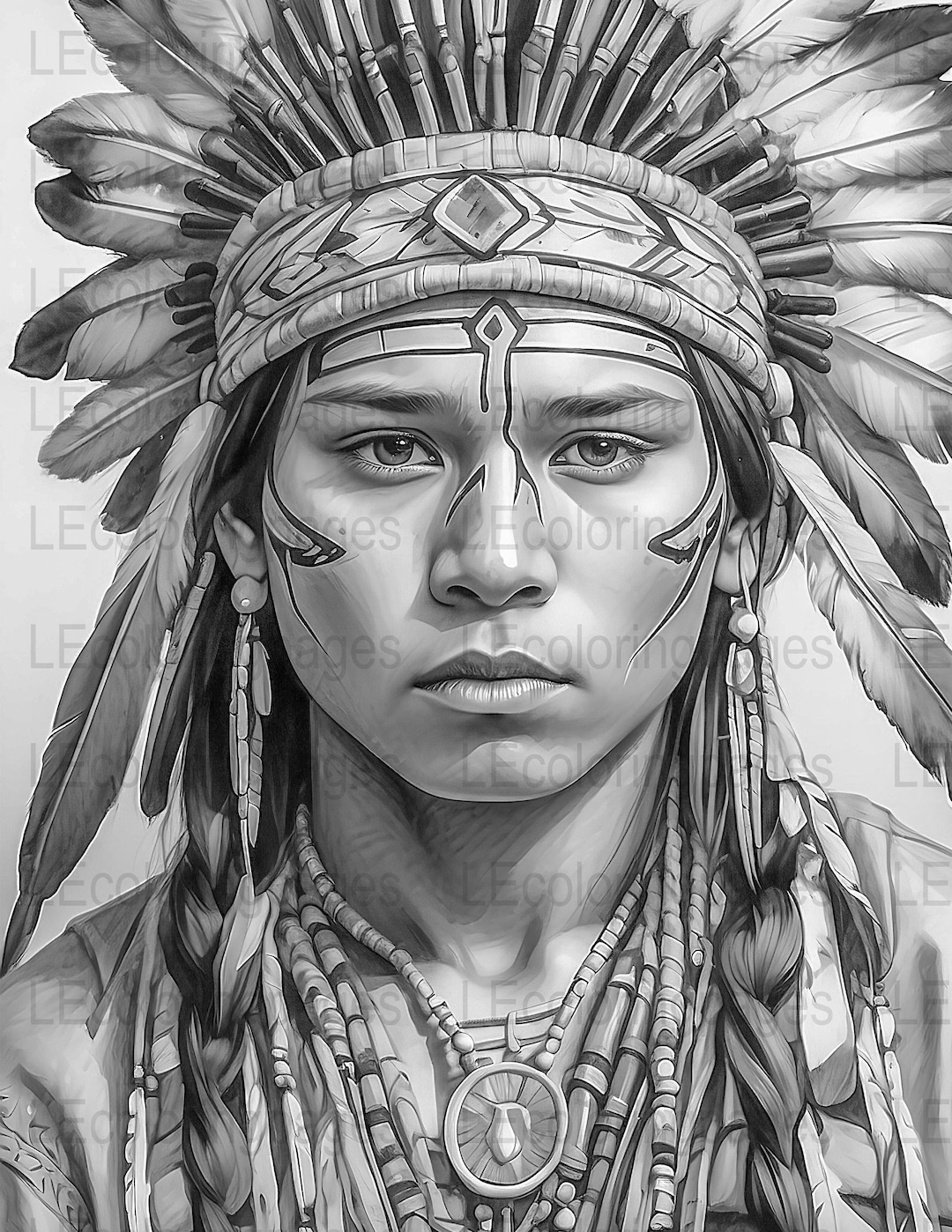 Native American Chief Grayscale Coloring Page, 8.5 X 11 In, Art Therapy ...