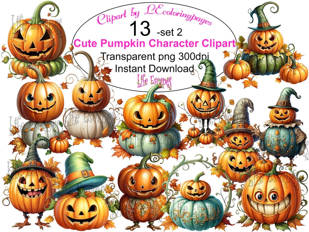 Cute Pumpkin Character Clipart Set 2, Transparent PNG 300dpi, Instant ...