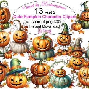 Cute Pumpkin Character Clipart Set 2, Transparent PNG 300dpi, Instant ...