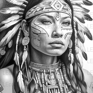 Adult Coloring Page, Native American Woman Portrait, Grayscale Coloring ...