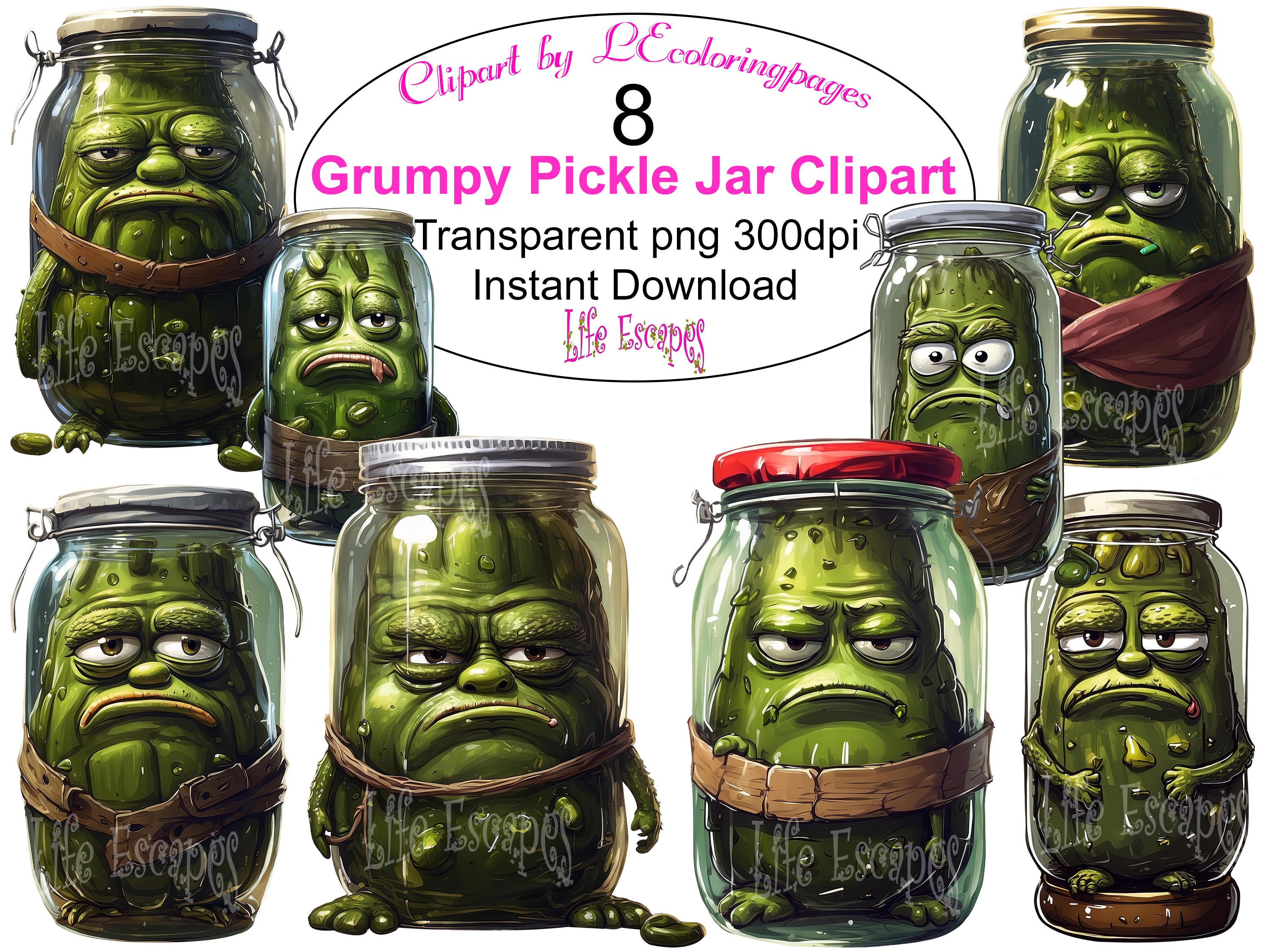 Grumpy Pickle Jar Clipart Set, Cartoon Characters in Jars, Printable ...