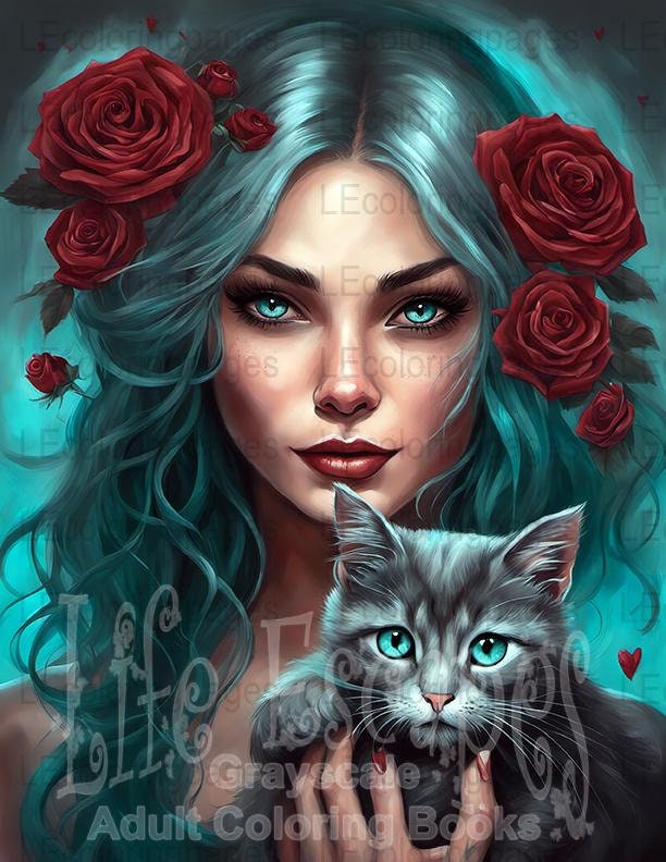 Gothic Cat Girl Grayscale Coloring Page for Adults #14 - Instant ...