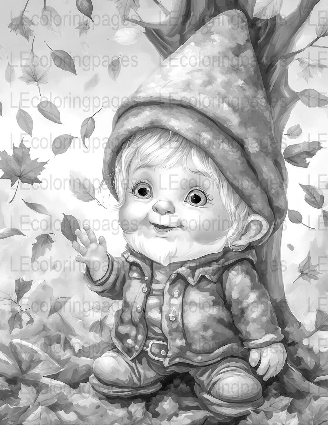 Autumn Gnome Grayscale Coloring Page for Adults 92 Printable Instant ...