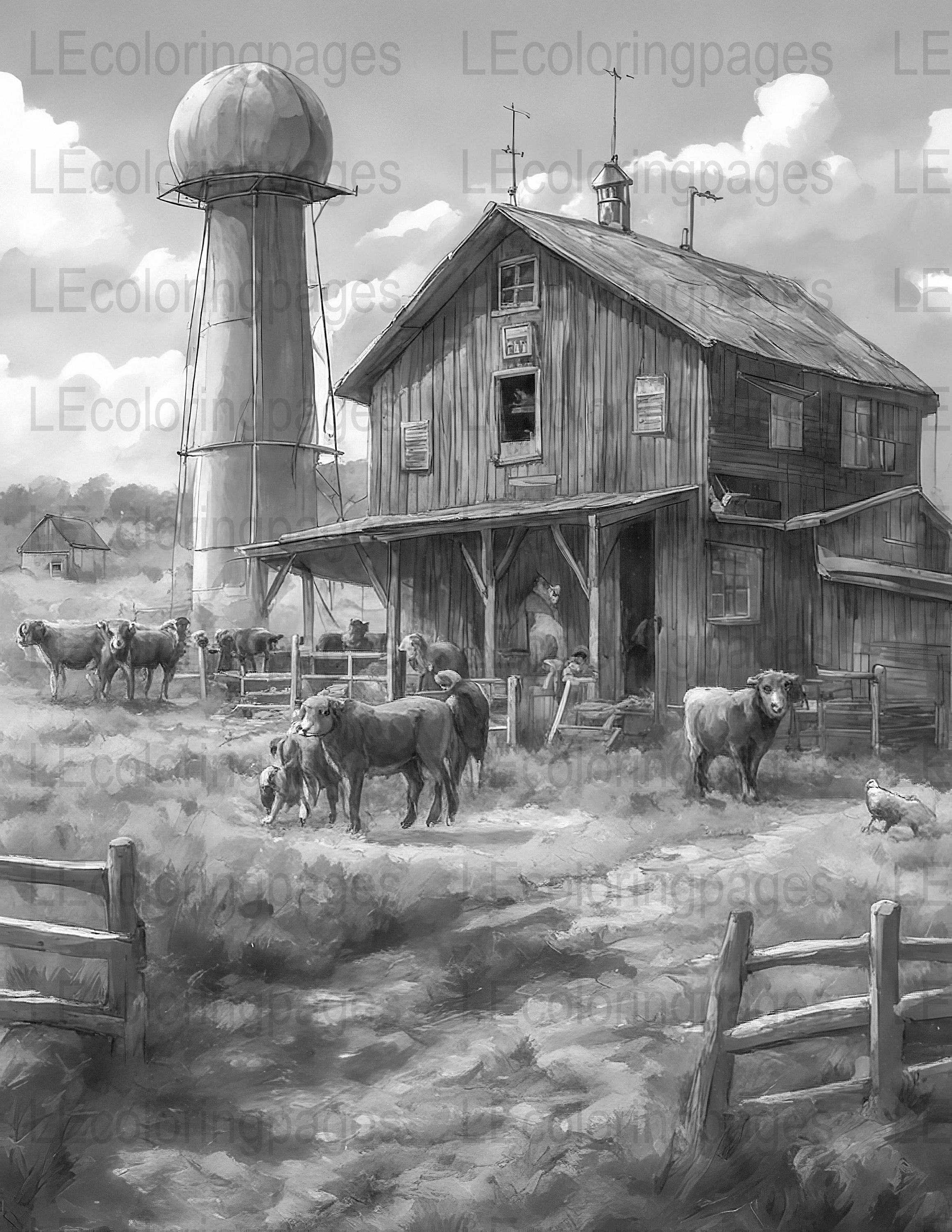 Farm Country Grayscale Coloring Page for Adults, Rustic Barn and ...