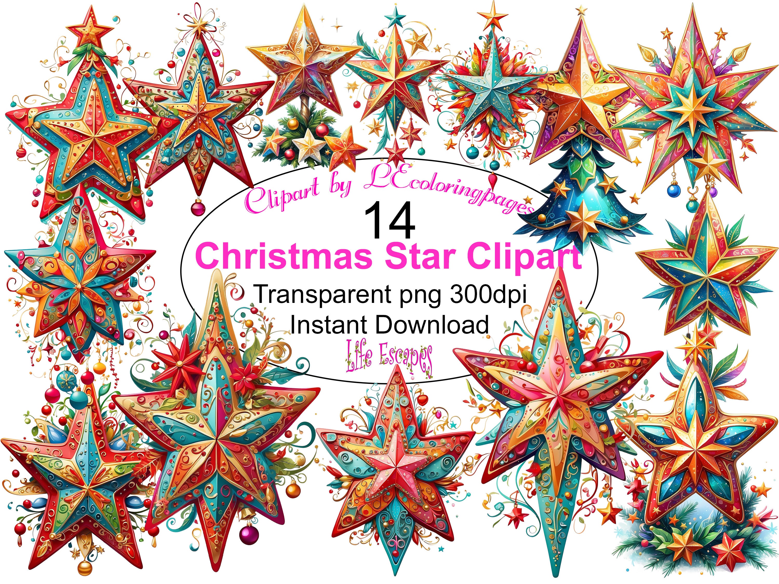 Printable Christmas Star Clipart Set Set 1, PNG, Commercial Use ...