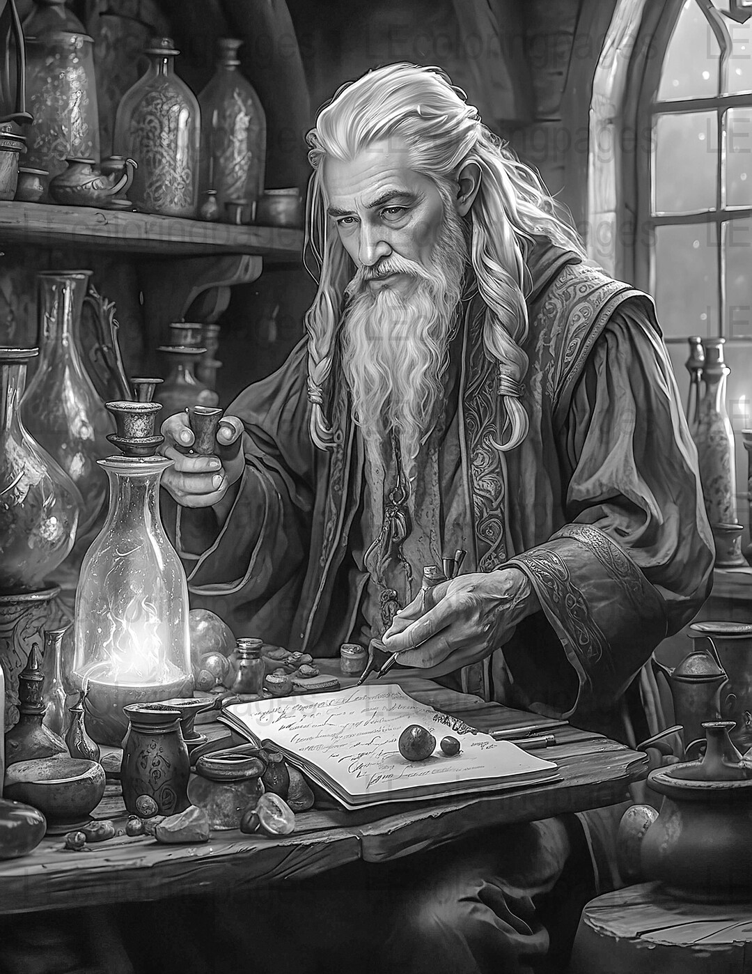 Wizard Adult Coloring Page, Fantasy Grayscale Digital Download, Magical ...
