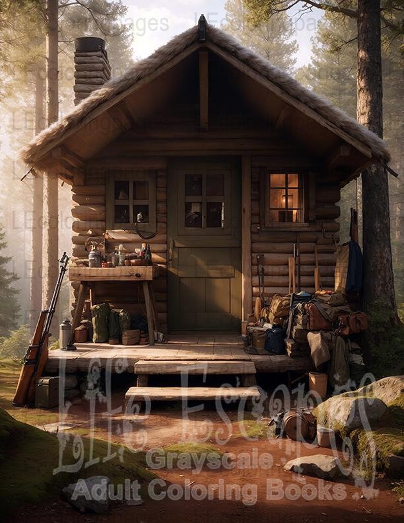 Hunting Cabin Grayscale Coloring Page for Adults #82 - Instant Download ...