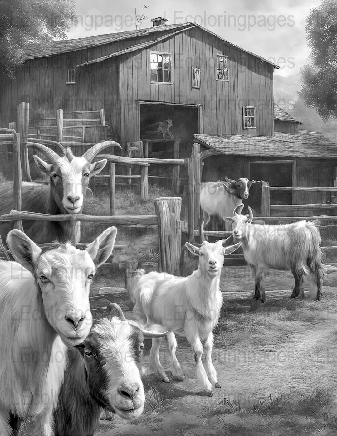 Farm Country Coloring Page for Adults, Grayscale Barnyard Scene ...