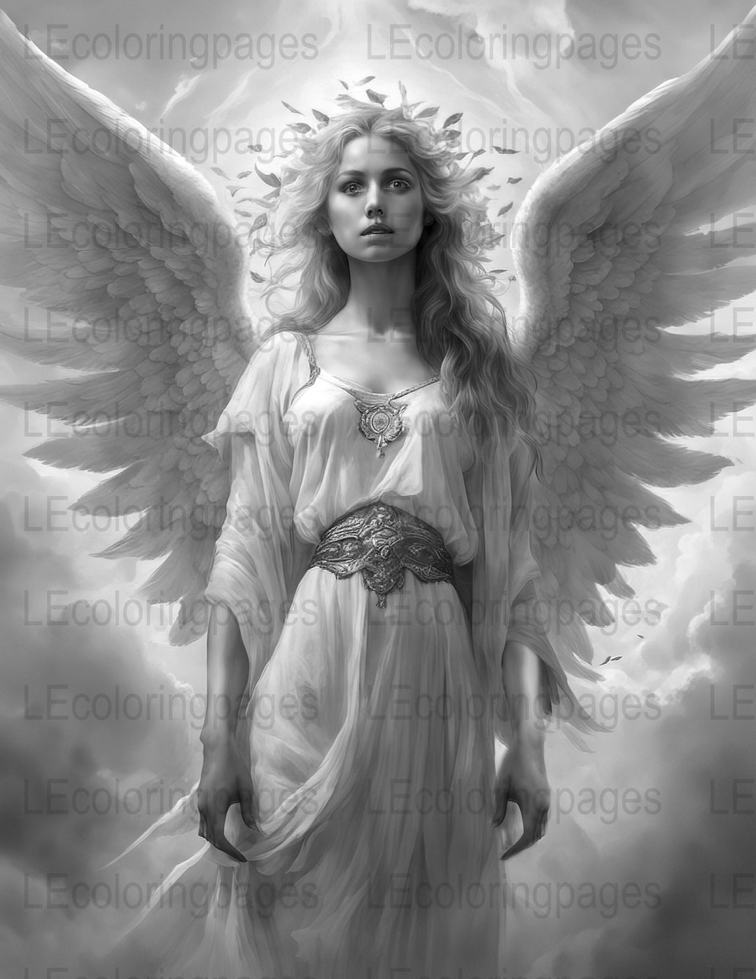 Heavenly Angel Coloring Page - Grayscale Art for Adults, Instant ...