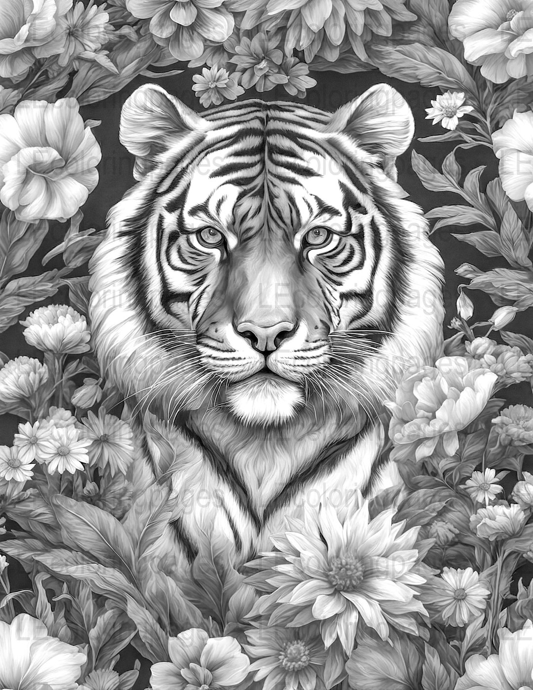 Printable Adult Coloring Page, Grayscale Tiger in Flowers, Relaxing ...